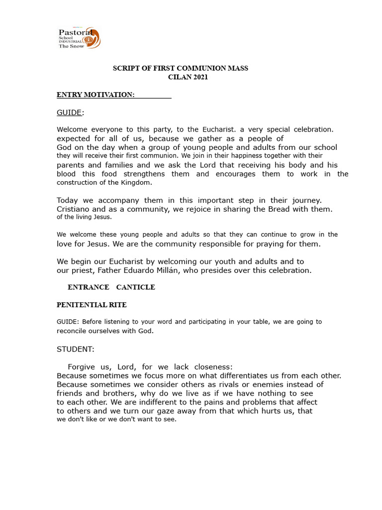 Script For First Communion | PDF | Eucharist | Mass (Liturgy)
