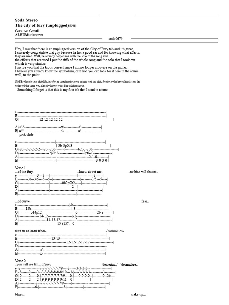 Soda Stereo, The City of Fury (Unplugged) - Guitar Tab | PDF | Musical ...