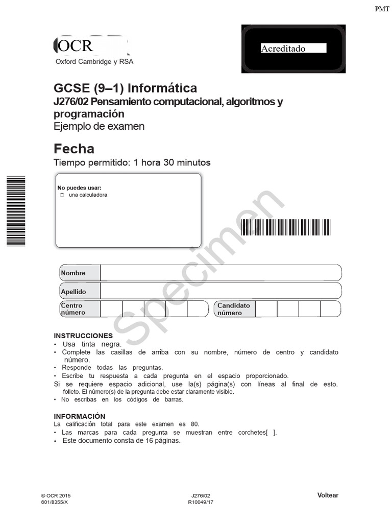 Muestra de QP - Examen 2 OCR Ciencias de La Computación GCSE | PDF | Programación de ...