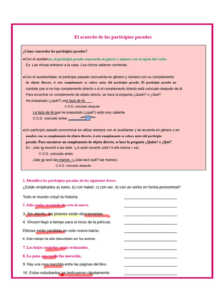 Los Participios Pasados Inter-Avanzados Ejercicios y Correcciones | PDF ...