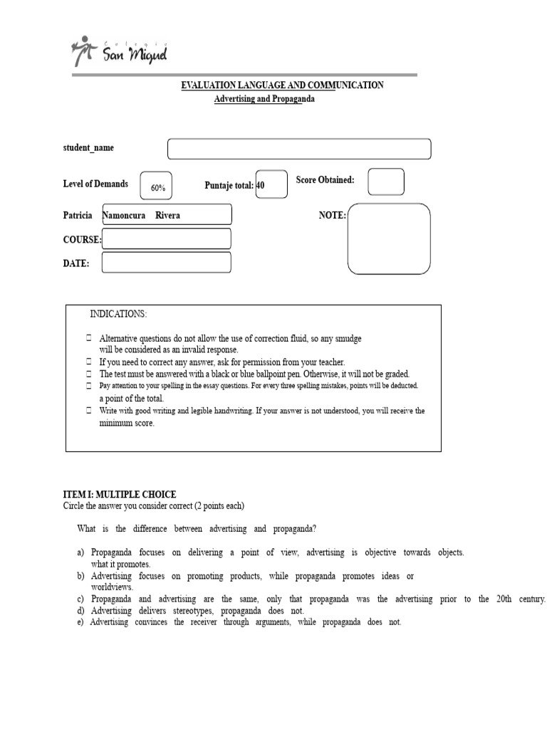 Advertising and Propaganda Test | PDF | Multiple Choice | Propaganda