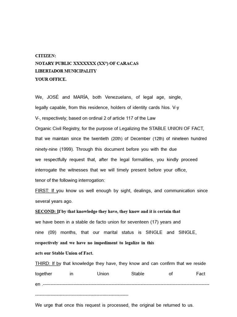 Letter of Established de Facto Union Model 1 PDF | PDF