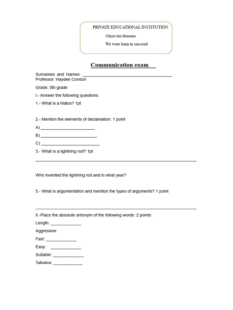 Fifth Grade Communication Exam. | PDF | Linguistics | Grammar