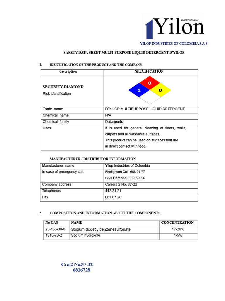 Yilop Multi-Purpose Liquid Detergent SDS | PDF | Sodium | Materials