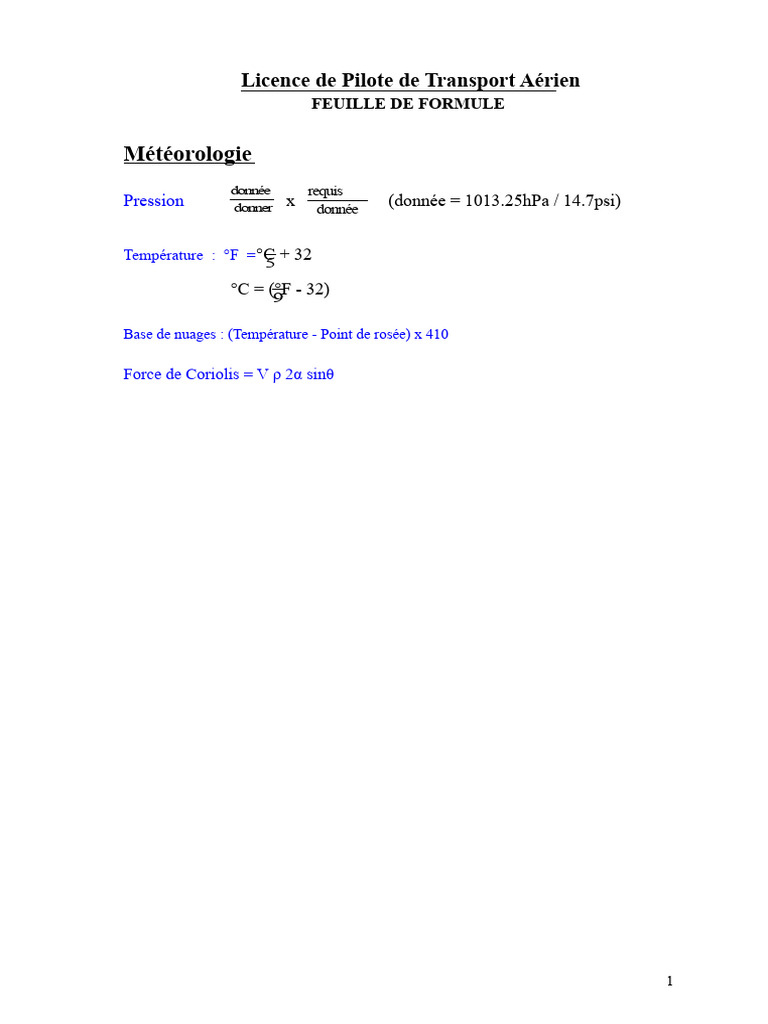 Feuille de Formule ATP | PDF | Altitudes et vitesses (aéronautique)