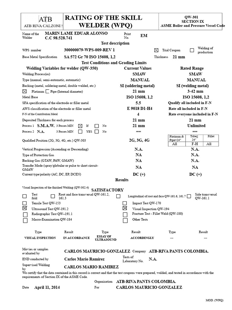 ASME WPQ Welder Qualification Report | PDF | Welding | Construction
