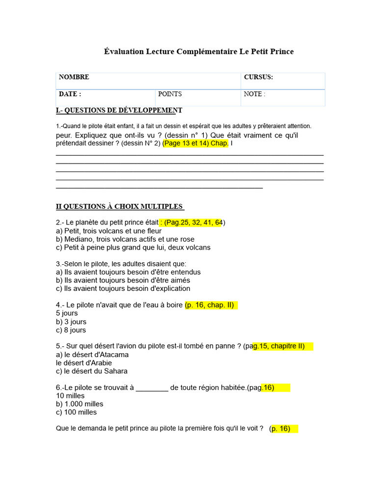 Le Petit Prince Test 7ème de Base | PDF | Le Petit Prince