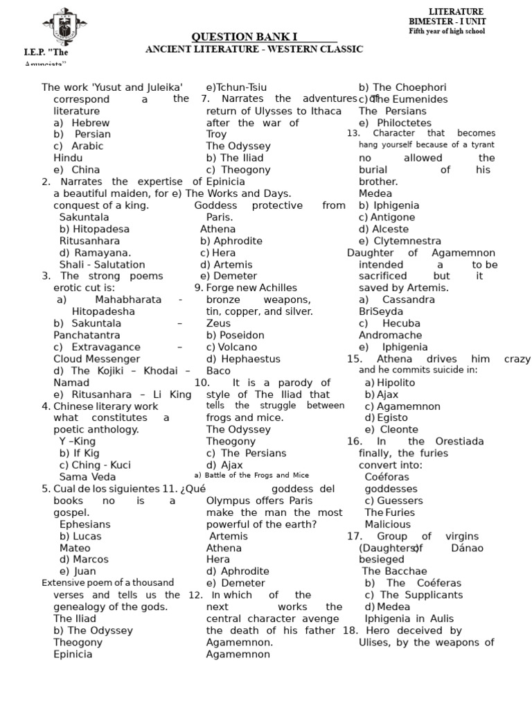 Ancient Literature Question Bank | PDF | Odysseus | Iliad
