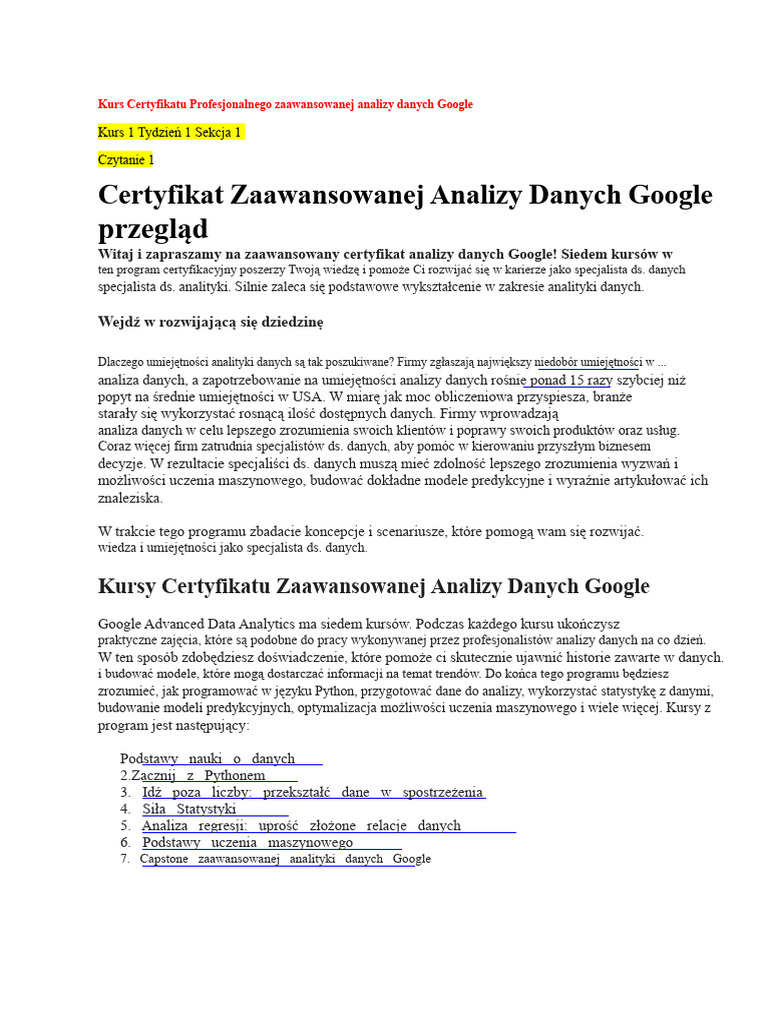 Zaawansowane Notatki Z Analizy Danych | PDF