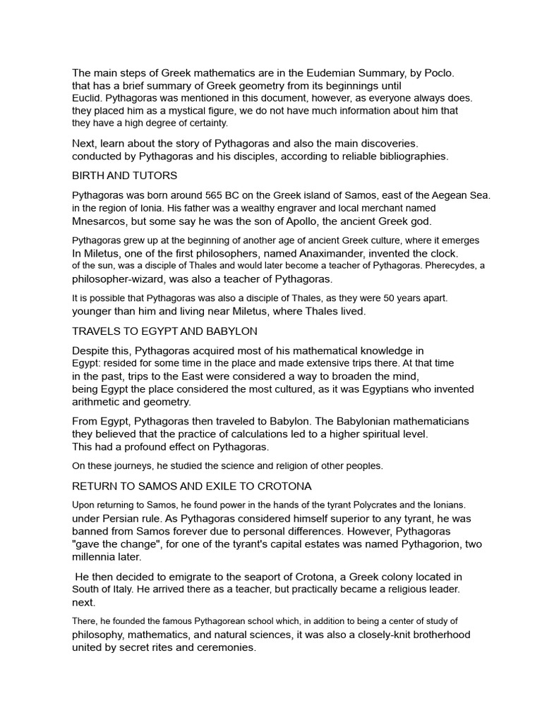 Brief Summary of The Life and Work of Pythagoras. | PDF | Pythagoras ...