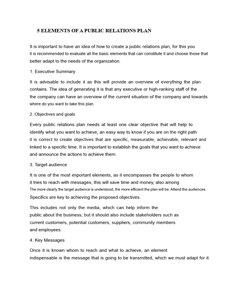 Key Elements of a PR Plan Guide | PDF | Public Relations | Target Audience