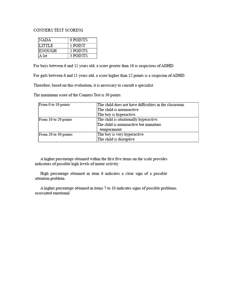 Conners Test Scoring | PDF