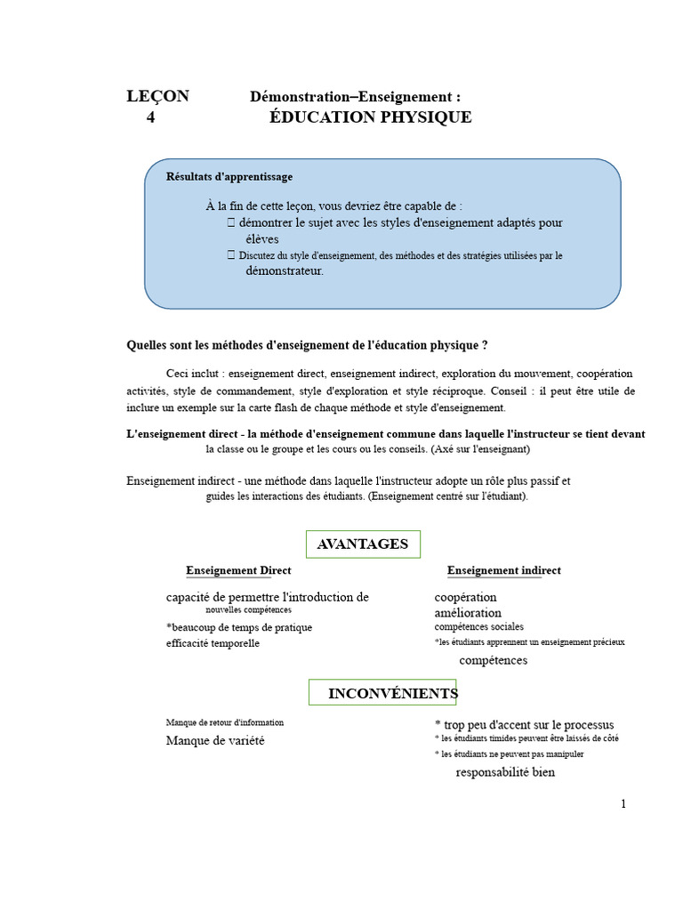 Enseignement-ÉDUCATION PHYSIQUE ET SANTÉ-Leçon 4 | PDF | Apprentissage ...