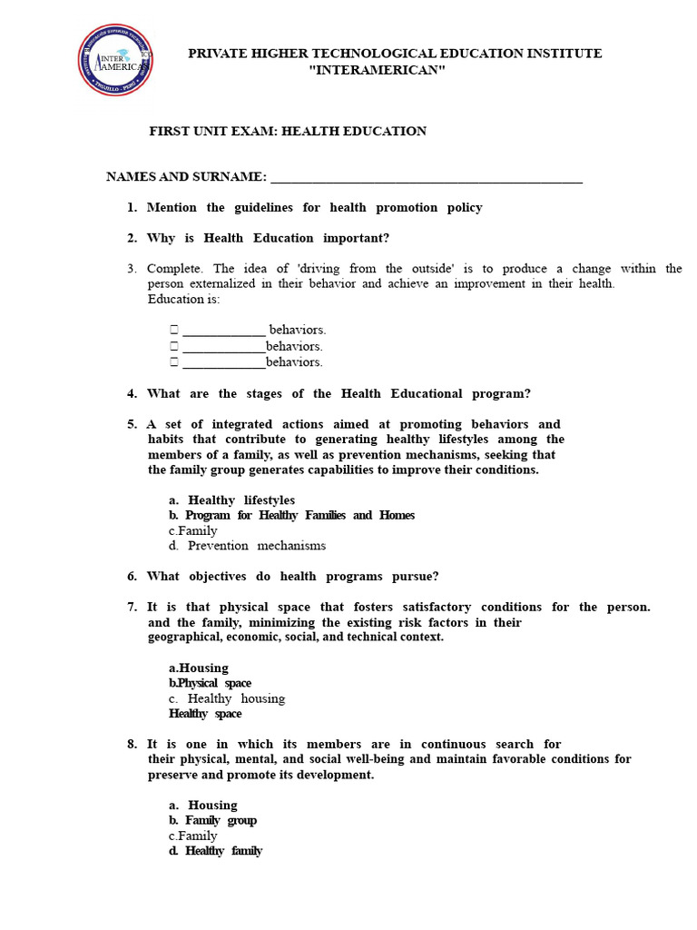 Exam I Unit Health Education | PDF | Health Promotion | Psychological ...