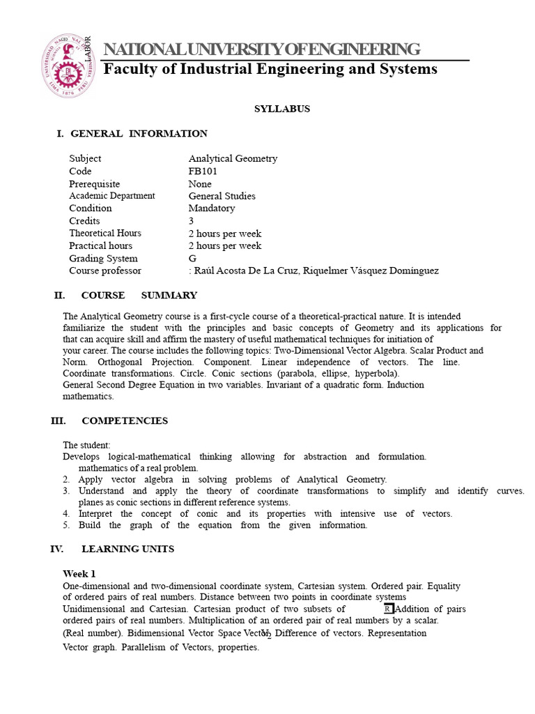 Syllabus of Analytic Geometry | PDF | Line (Geometry) | Vector Space
