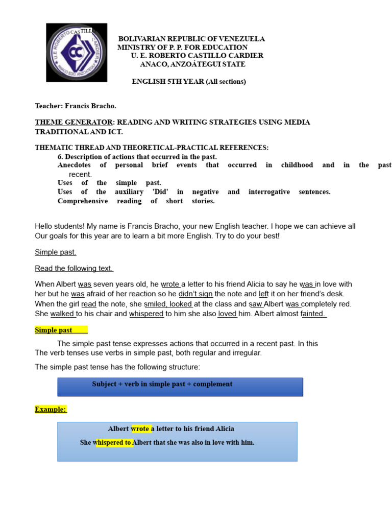 Class 1 English 5th Year Moment II | PDF | Question | Verb