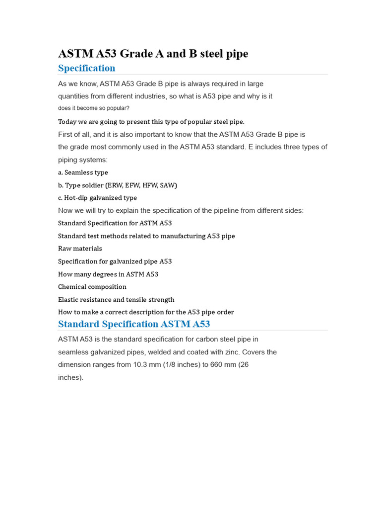 Steel Pipe ASTM A53 Grade A and B | PDF | Pipe (Fluid Conveyance) | Steel