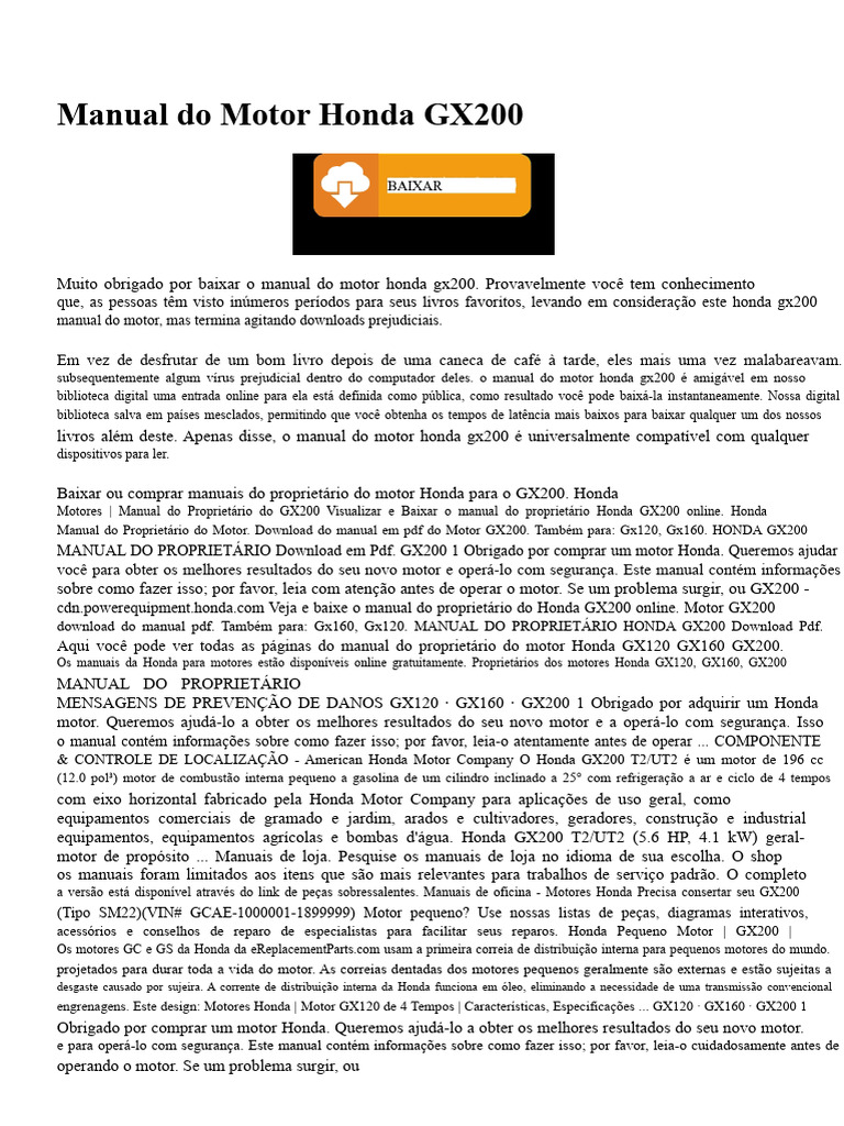 Manual do Motor Honda GX200 | PDF | Motores | Câmbio manual