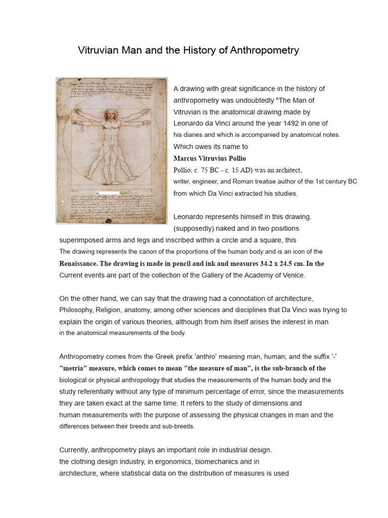Vitruvian Man and The History of Anthropometry | PDF
