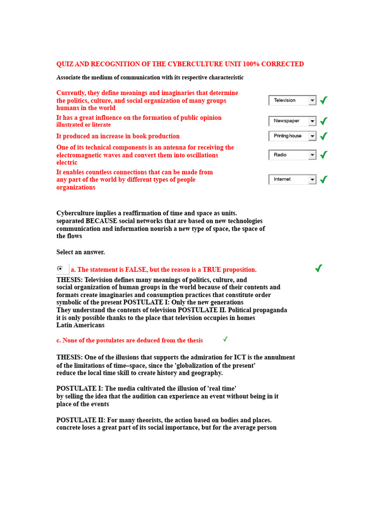 Quiz and Recognition of Cyberculture Unit 100 Corrected | PDF | Truth | Reason