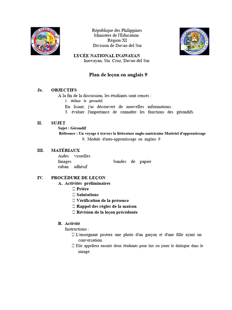 Plan de leçon sur le gérondif en anglais | PDF | Linguistique