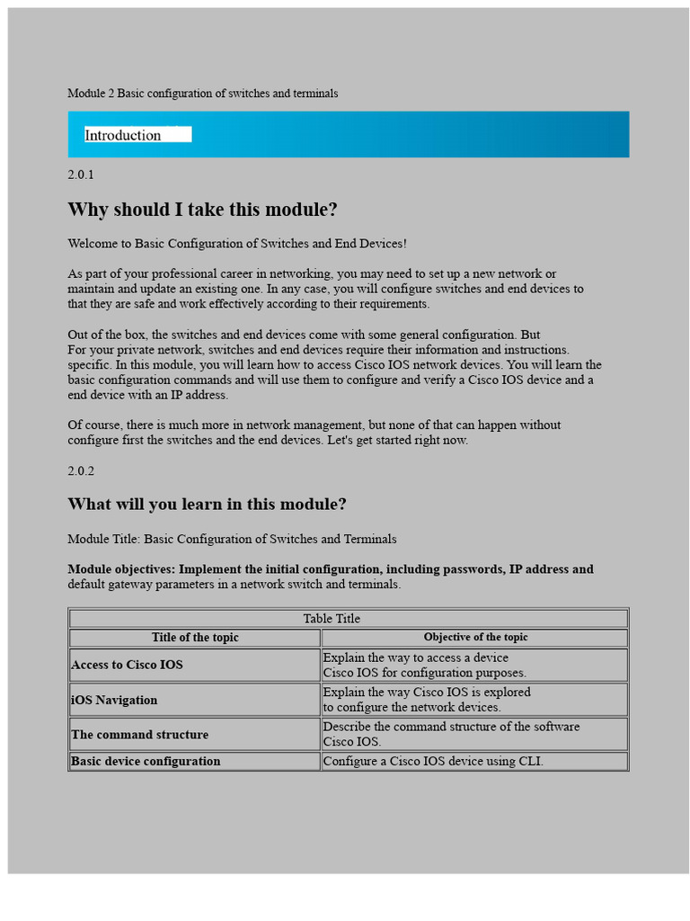 CCNAv7 Module 2 Basic Configuration of Switches and Terminals | PDF ...