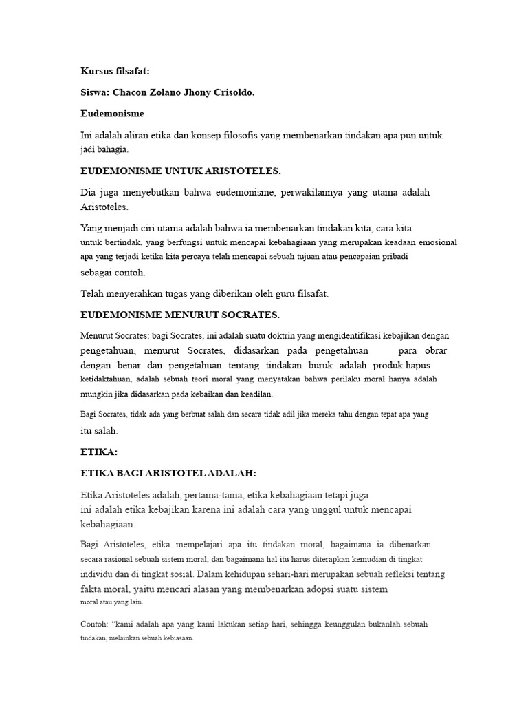 Eudaimonisme Dan Etika Socrates Serta Aristoteles | PDF
