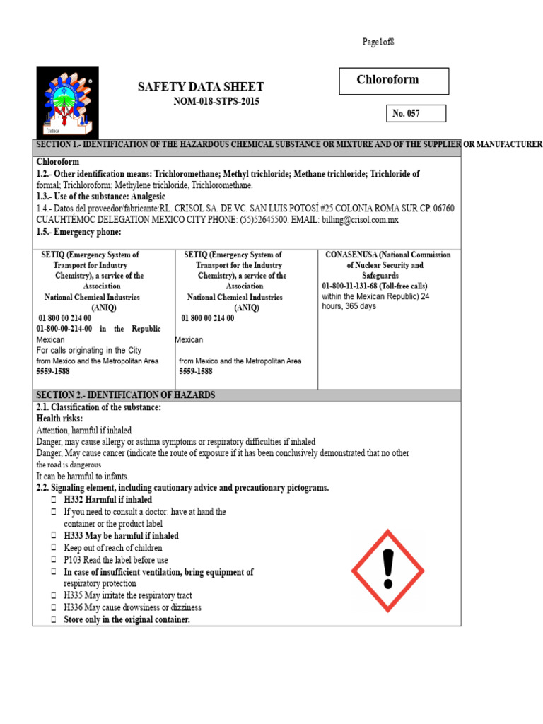 Chloroform Safety Data Sheet | PDF | Chloroform | Magnesium