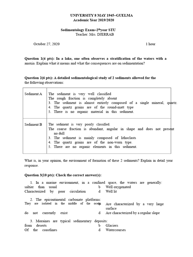 Sedimentology Exam 2019-2020 | PDF | Sedimentary Rock | Sediment