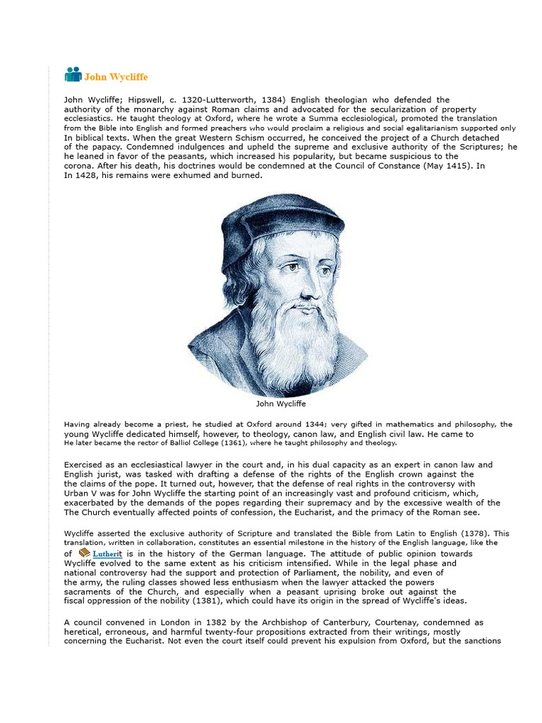 John Wycliffe | PDF | Christian Denominational Families | Catholic Church