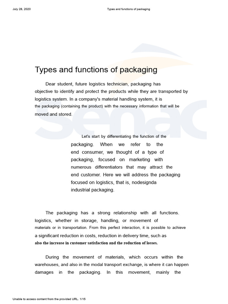 Types and Functions of Packaging in Logistics | PDF | Logistics | Warehouse