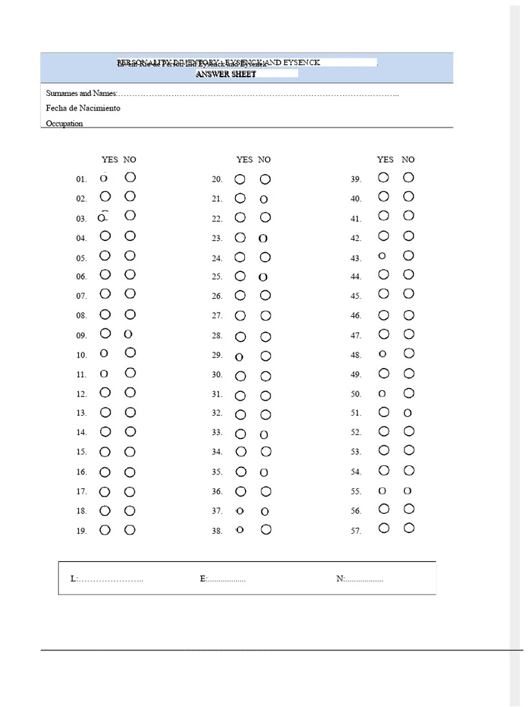 Eysenck Response Sheet Form B | PDF | Human Development | Behavioural ...