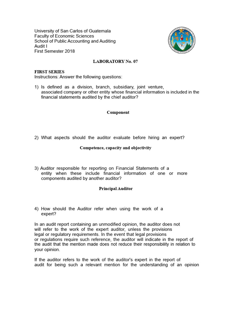 Laboratory No. 7 Audit I 2018 Solution | PDF | Audit | Internal Audit