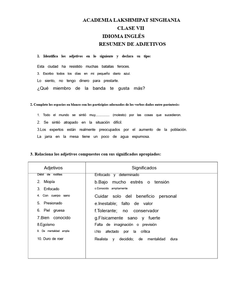 Hoja de Trabajo de 7 Adjetivos | PDF | Adjetivo