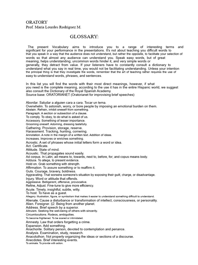 Essential Vocabulary for Oratory Skills | PDF | Gesture | Reason