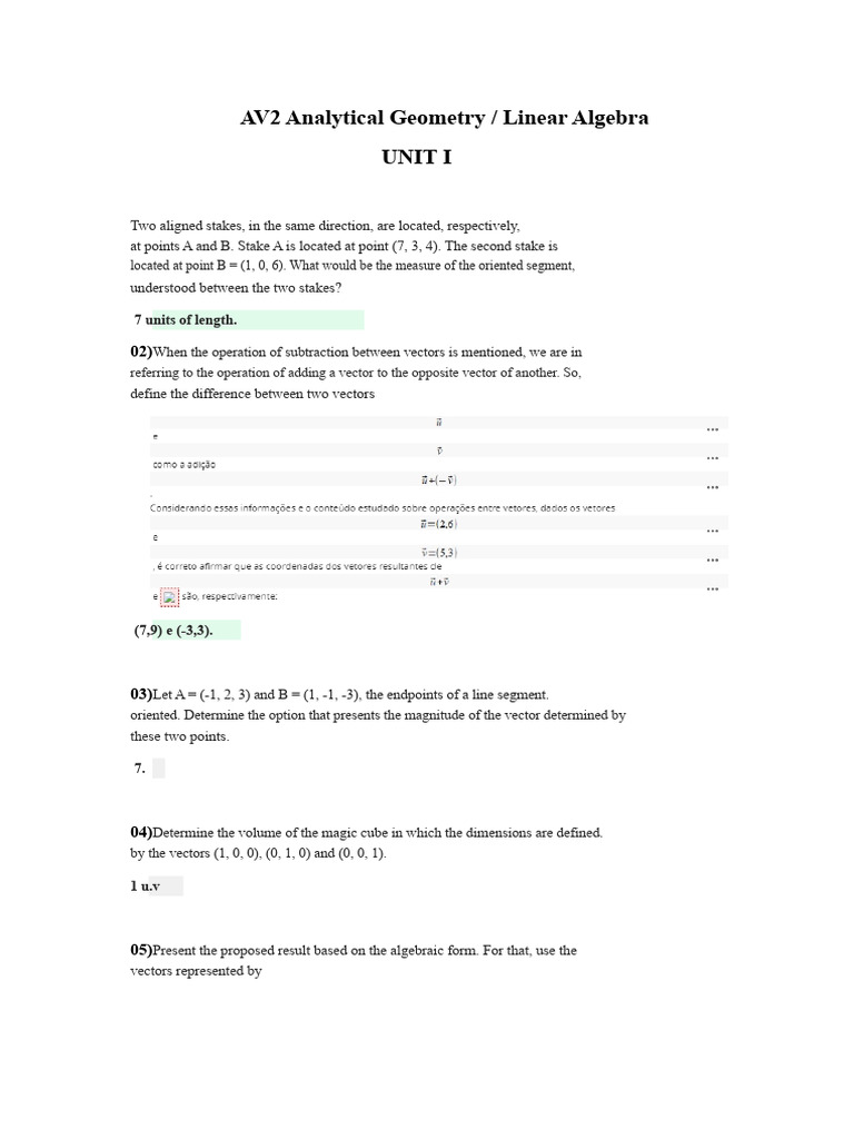 AV2 - ANALYTIC GEOMETRY and LINEAR ALGEBRA | PDF | Matrix (Mathematics ...