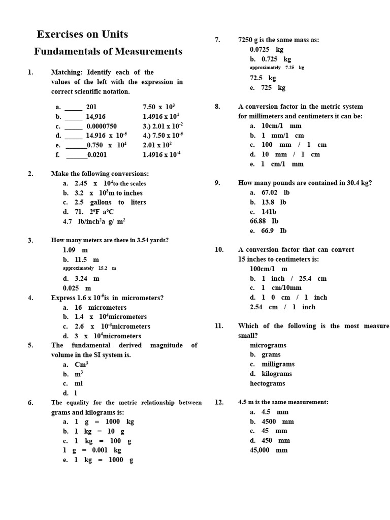 Unit Conversion Exercises | PDF | Kilogram | Pound (Mass)