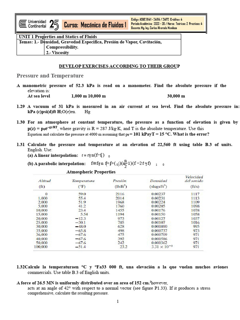 Fluid Properties and Statics Exercises | PDF | Pressure | Viscosity