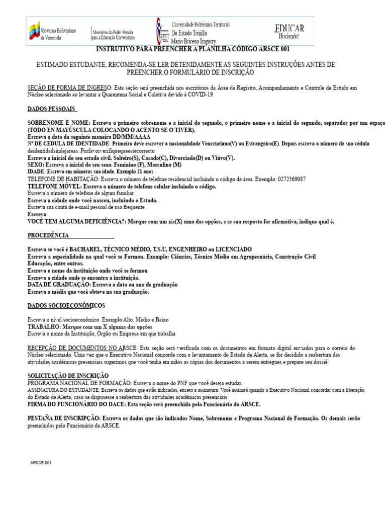 Formulário de Inscrição Novo Ingresso-Upttmbi Trujillo | PDF