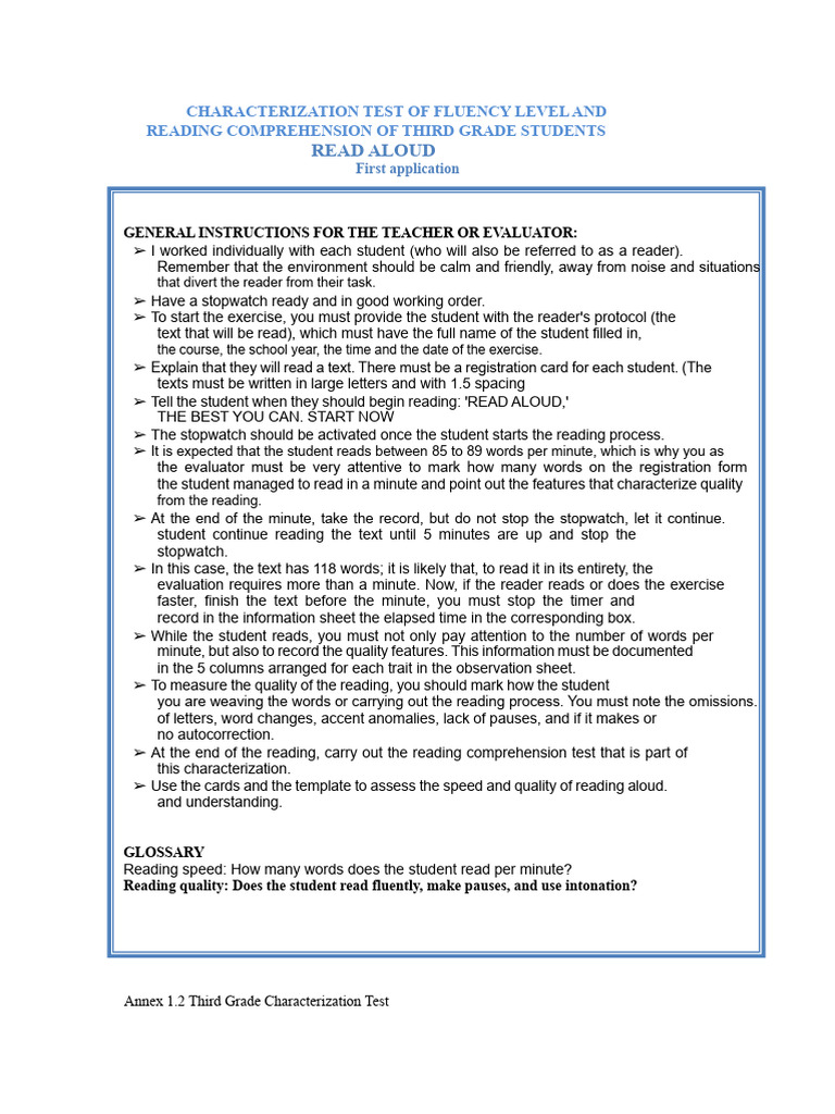 Annex 1.2 Characterization Test Third Grade PDF | PDF | Reading ...