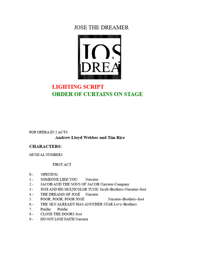 José the Dreamer: Pop Opera Script | PDF | Jacob