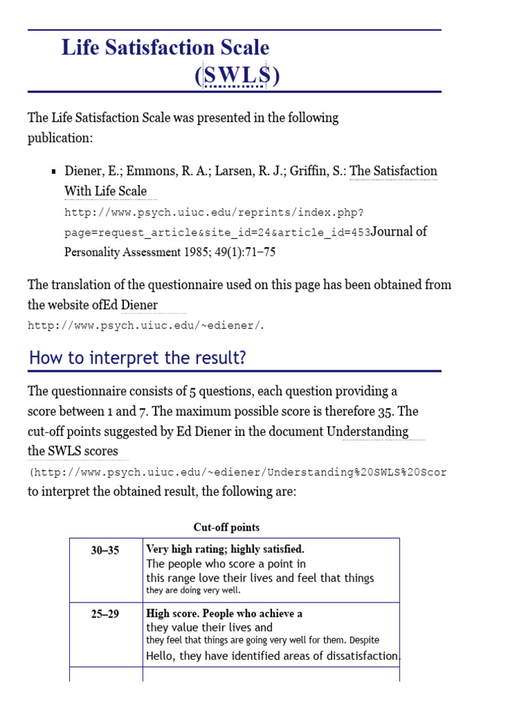 Life Satisfaction Scale | PDF | Questionnaire | Psychology