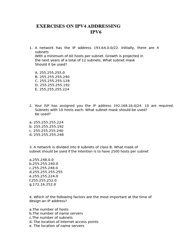 IPv4 and IPv6 Addressing Exercises | PDF | Ip Address | Internet Protocols