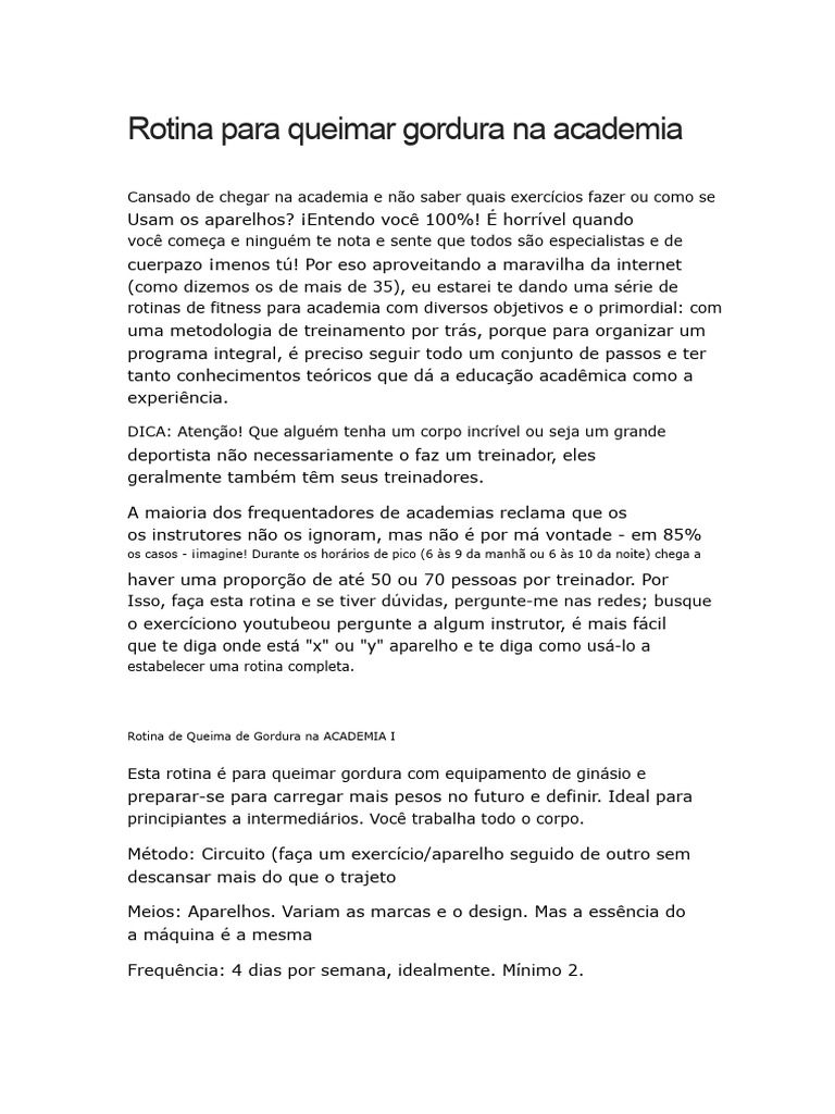 Rotina para Queimar Gordura Na Academia | PDF