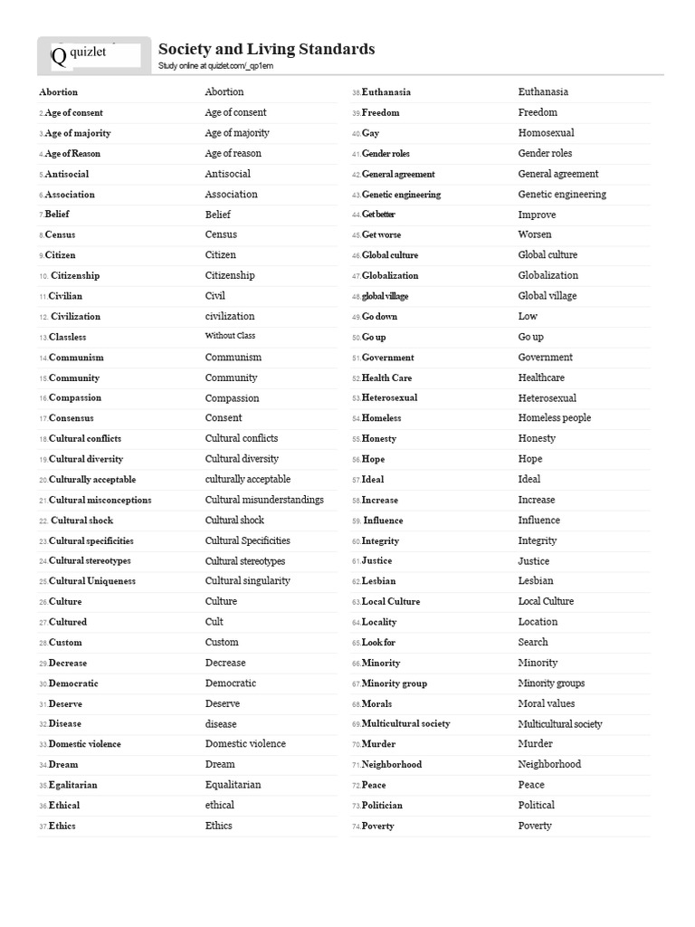 Vocabulary Society and Living Standards | PDF | Social Policy | Social ...