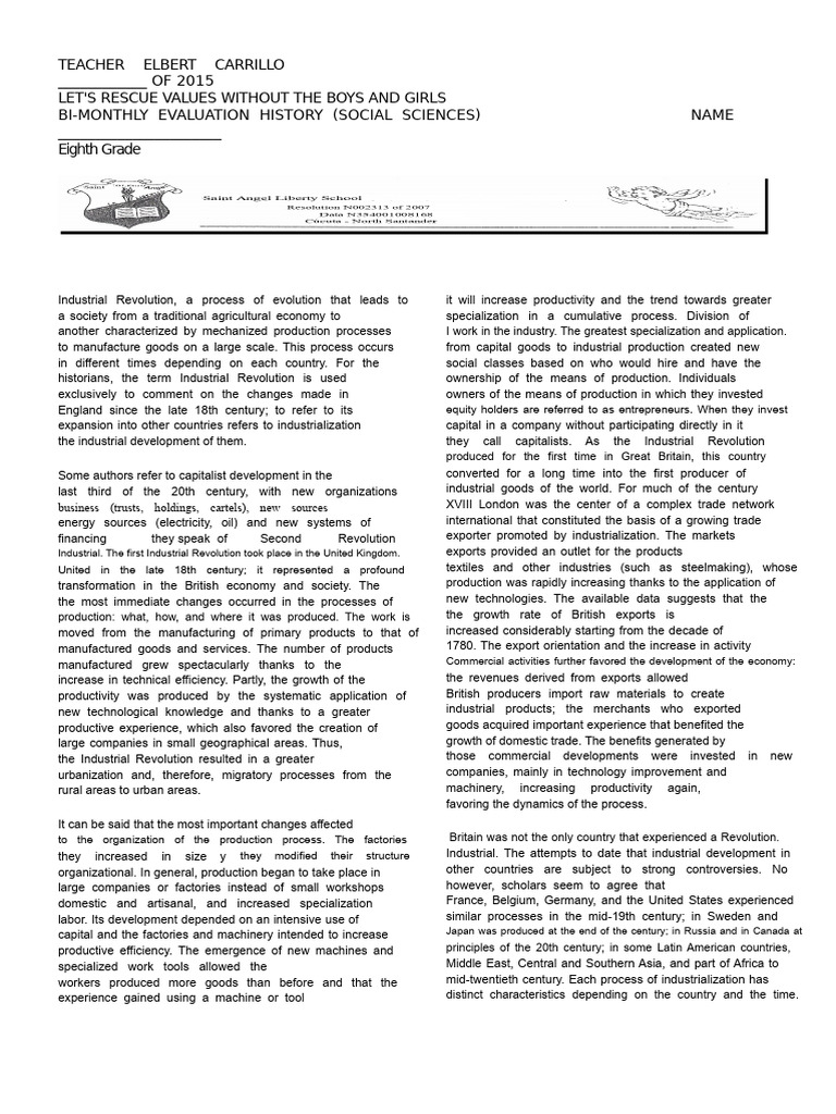 Eighth Grade History Assessment | PDF | Industrial Revolution | Capitalism