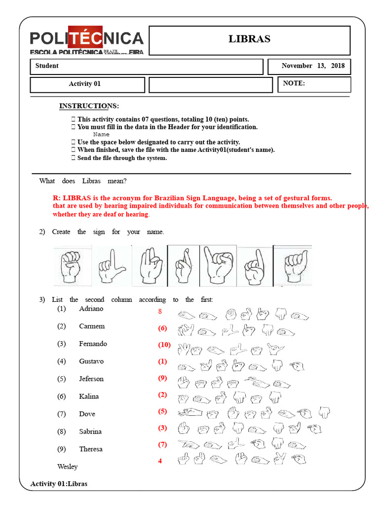 Activity 1 Brazilian Sign Language (Libras) | PDF | Sign Language ...