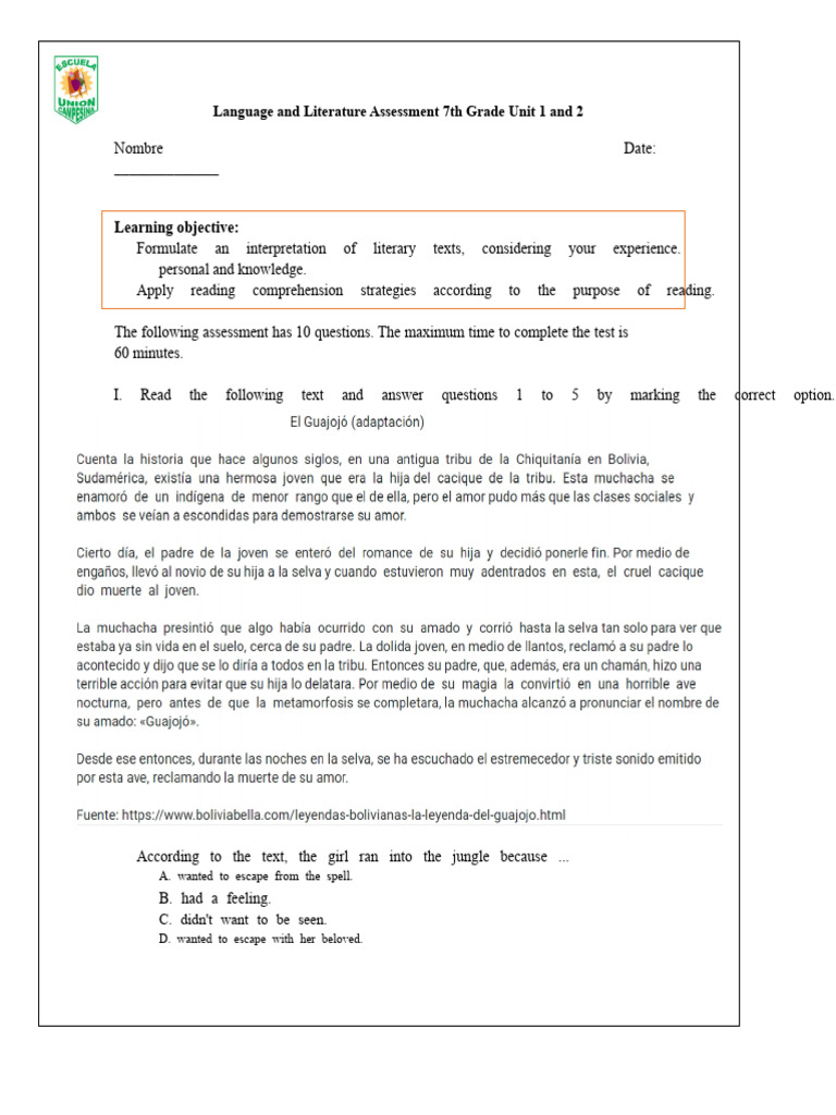 Evaluation Language and Literature Seventh Grade | PDF | Reading ...