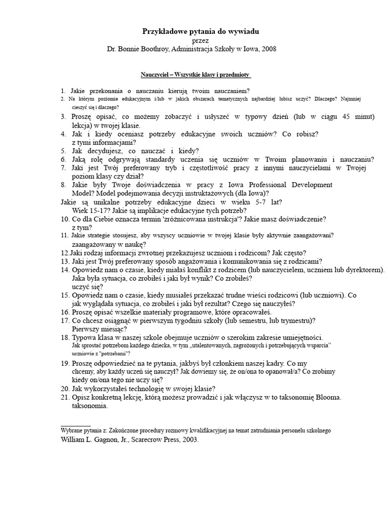 Przykładowe Pytania Do Wywiadu | PDF
