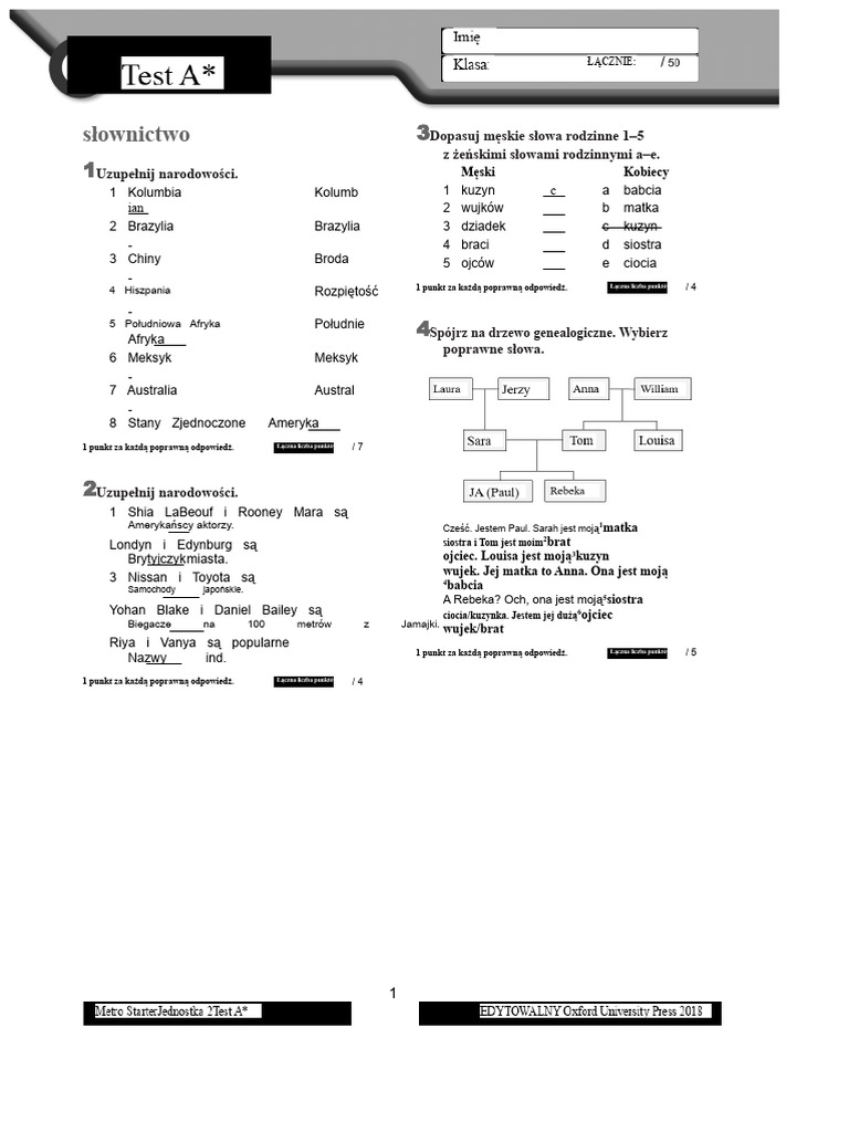 Metro Starter Unit 2 Test A One Star | PDF